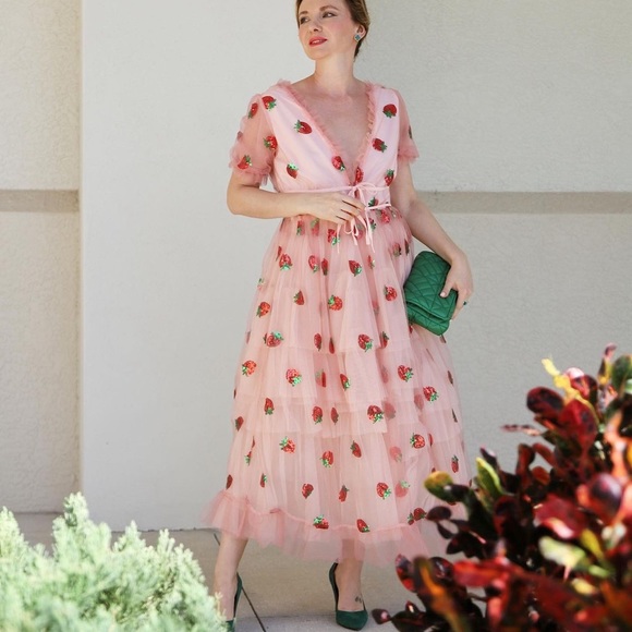 Dresses | Pink Mesh Strawberry Midi Dress Size S | Poshmark